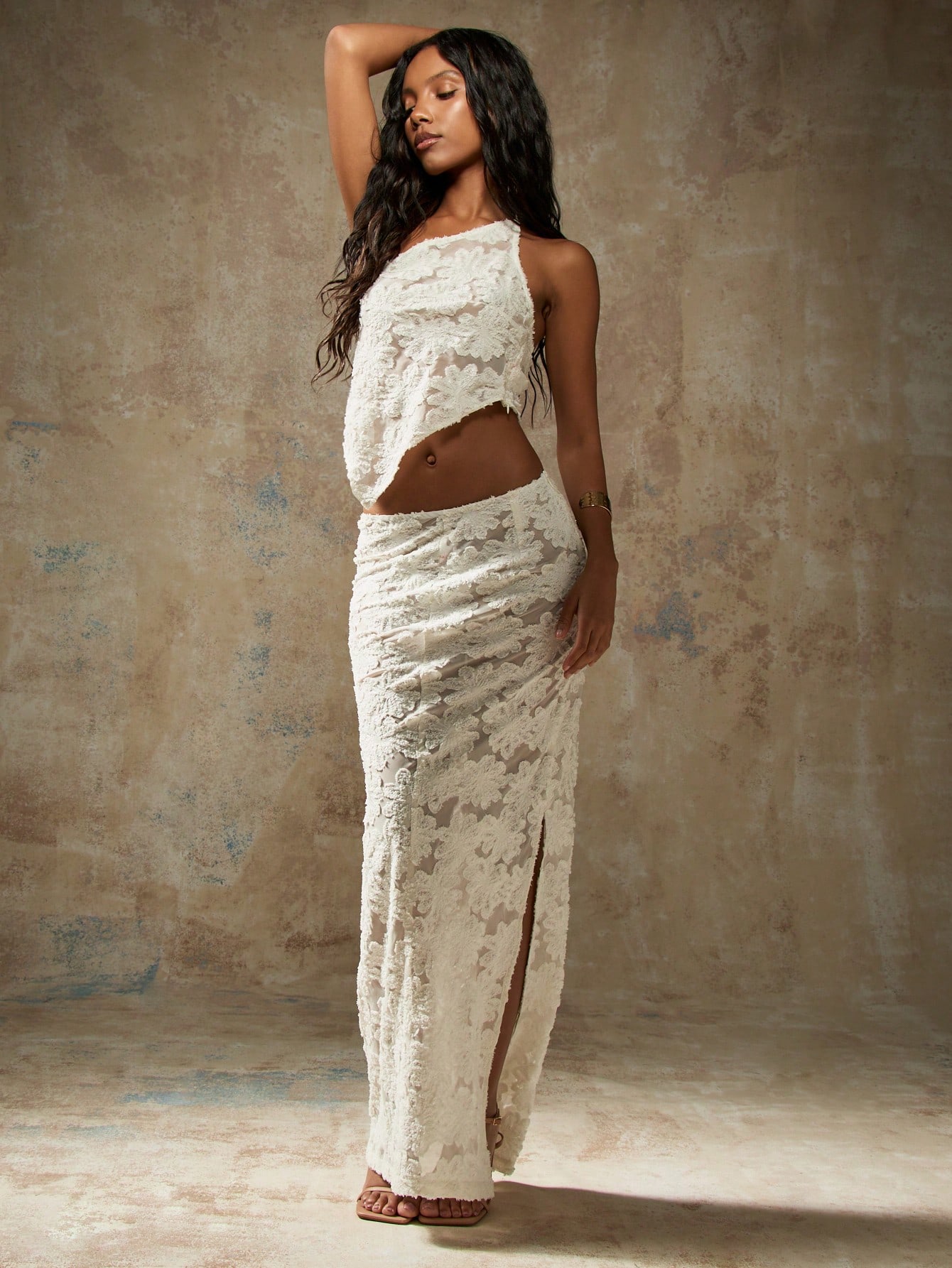 Floral Burnout Velvet Co-Ord Set Sleeveless Crop Top High Waist Maxi ...