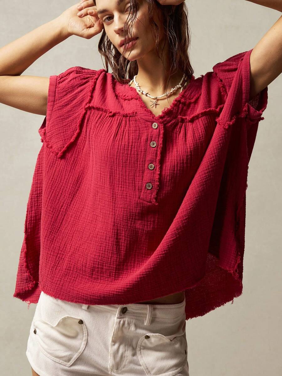 Bohemela BOHO Women Short Sleeve Casual Solid Color Ruffle Placket Button Down Blouse | SHEIN USA