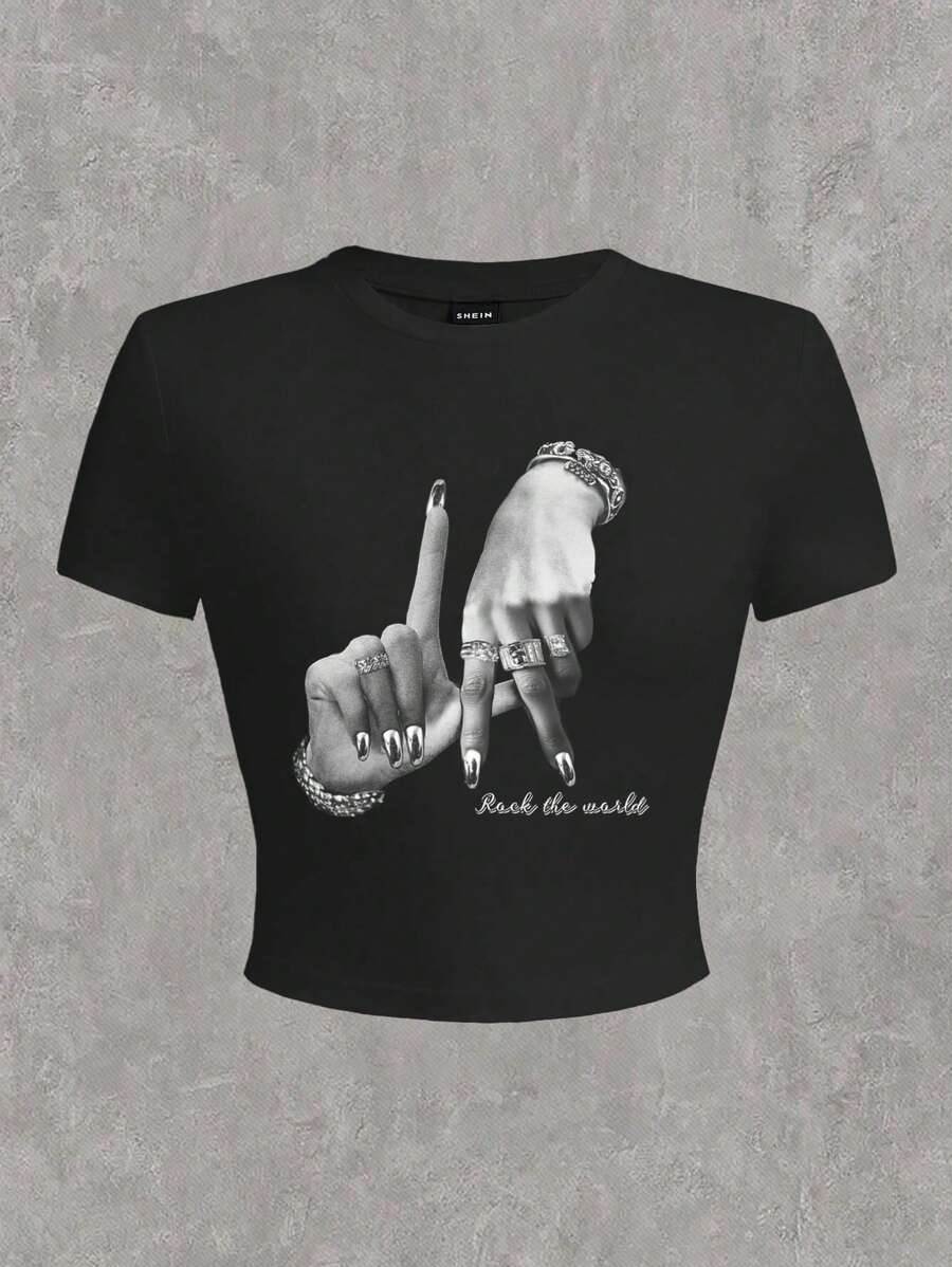 Slaydiva Casual Minimalist LA Hand Sign Hip Hop Print Round Neck Short ...