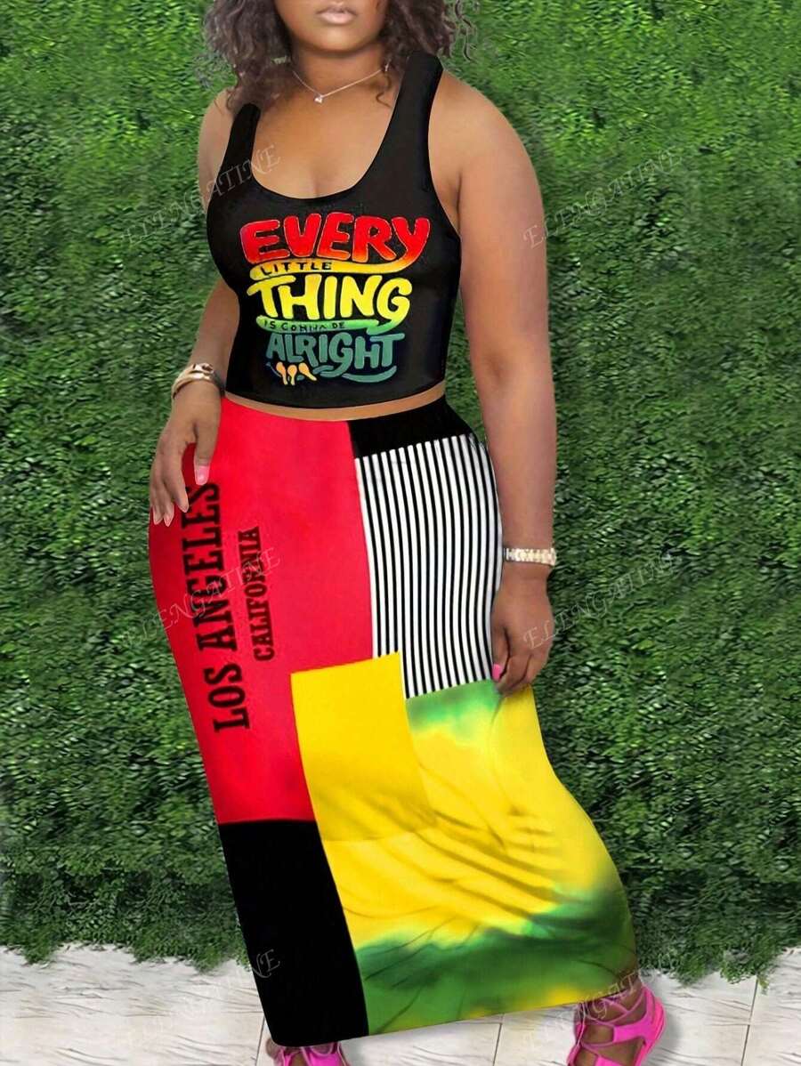 Plus Size Women Slogan Print Cropped Tank Top And Bodycon Mini Skirt 2 Pieces Set, Summer for ...