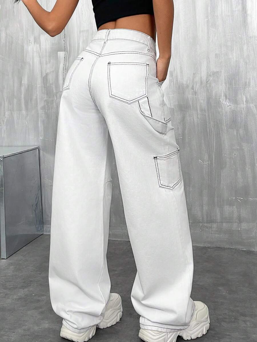 EURMUSE WOMEN HIGH WAIST CARPENTER WHITE JEAN BLACK STITCH POCTECTS ...