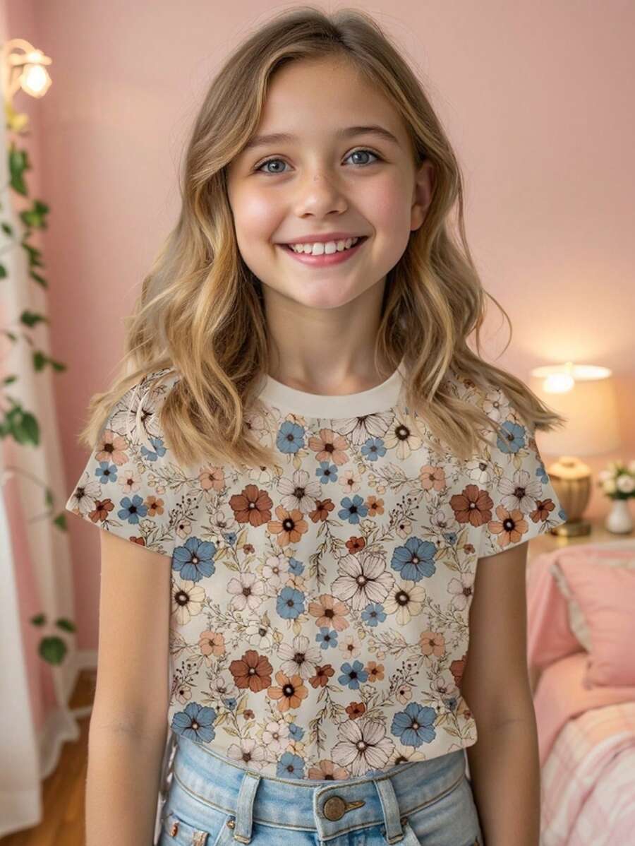 Elladie kids Tween Girl 2025 Summer New Sweet Floral World Full Print ...