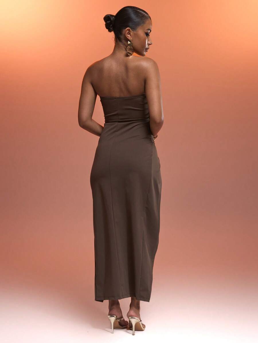 MUSERA Bandeau Strapless Slinky Waist Cut Out Twist Slit Midi Dress ...