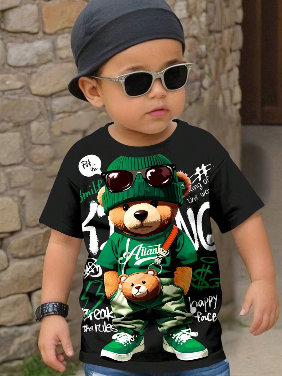 SHEIN Young Boy's Casual Simple Cartoon Bear Design Loose Fit Short ...