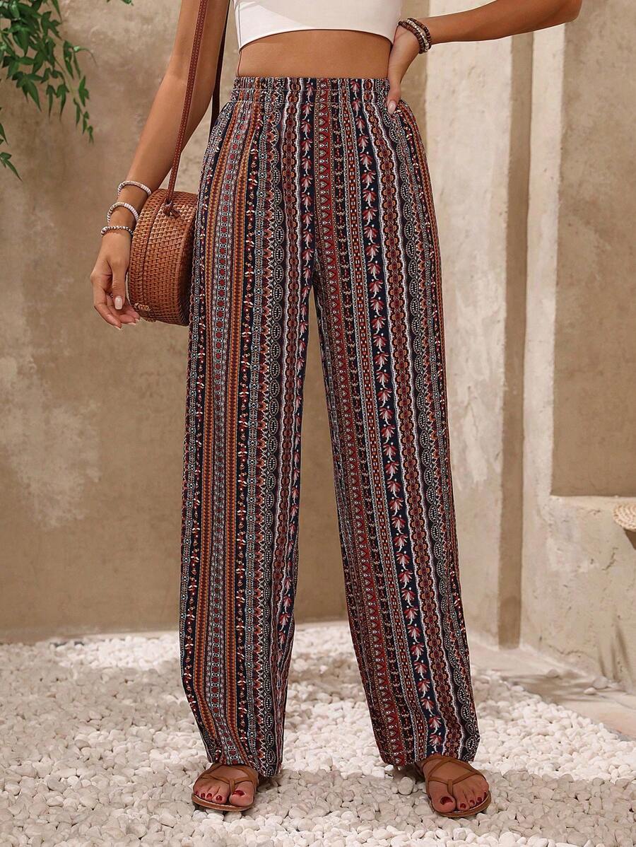 LanaWest Plus Size Elastic Waist Casual Retro Print Pants | SHEIN USA