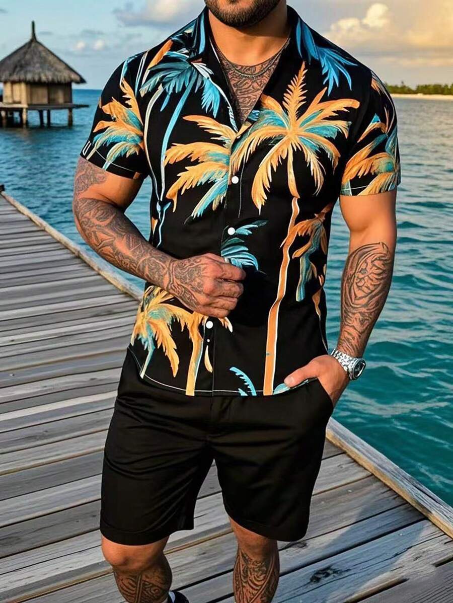 Manfinity RSRT Men Beach Outfits Tropical Print Shirt & Drawstring ...