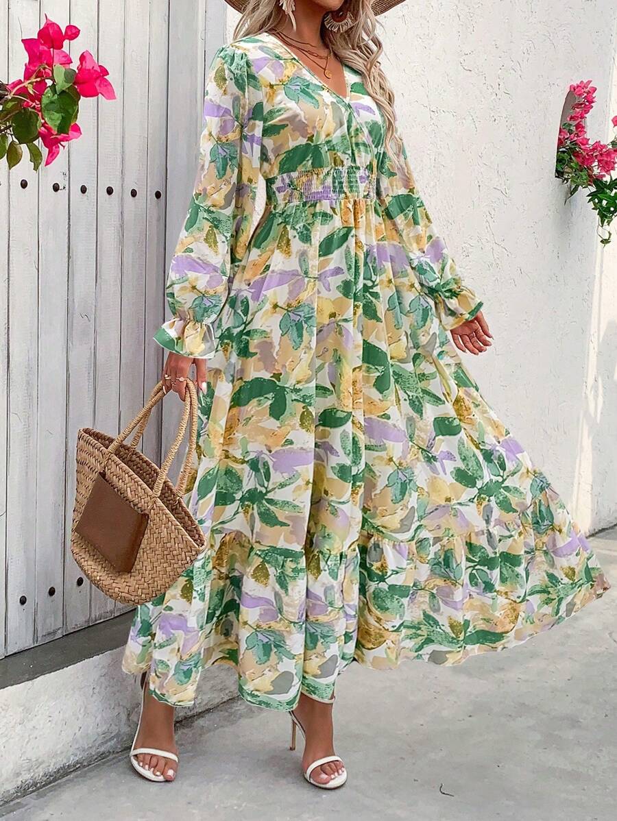 Breezaya Ditsy Floral Print Flounce Sleeve Ruffle Hem Dress Maxi Women Outfit | SHEIN USA