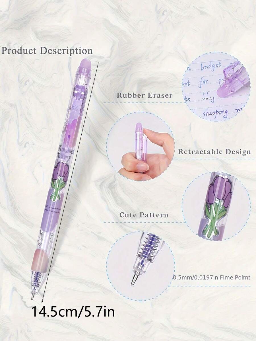SHEIN 6pcs/Set Purple Tulip Erasable Neutral Pen With Cute Eraser ...