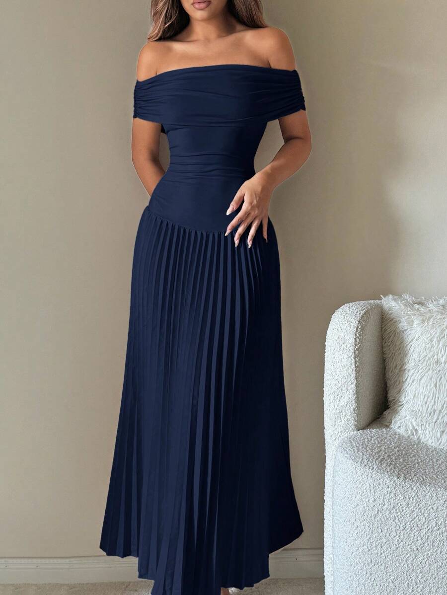 SHEIN ICON Homecoming Dress 1pc Off-Shoulder Solid Color Pleated ...