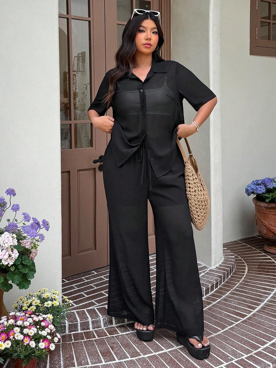 SHEIN EZwear Ensemble blouse transparente et pantalon pour femme grande ...