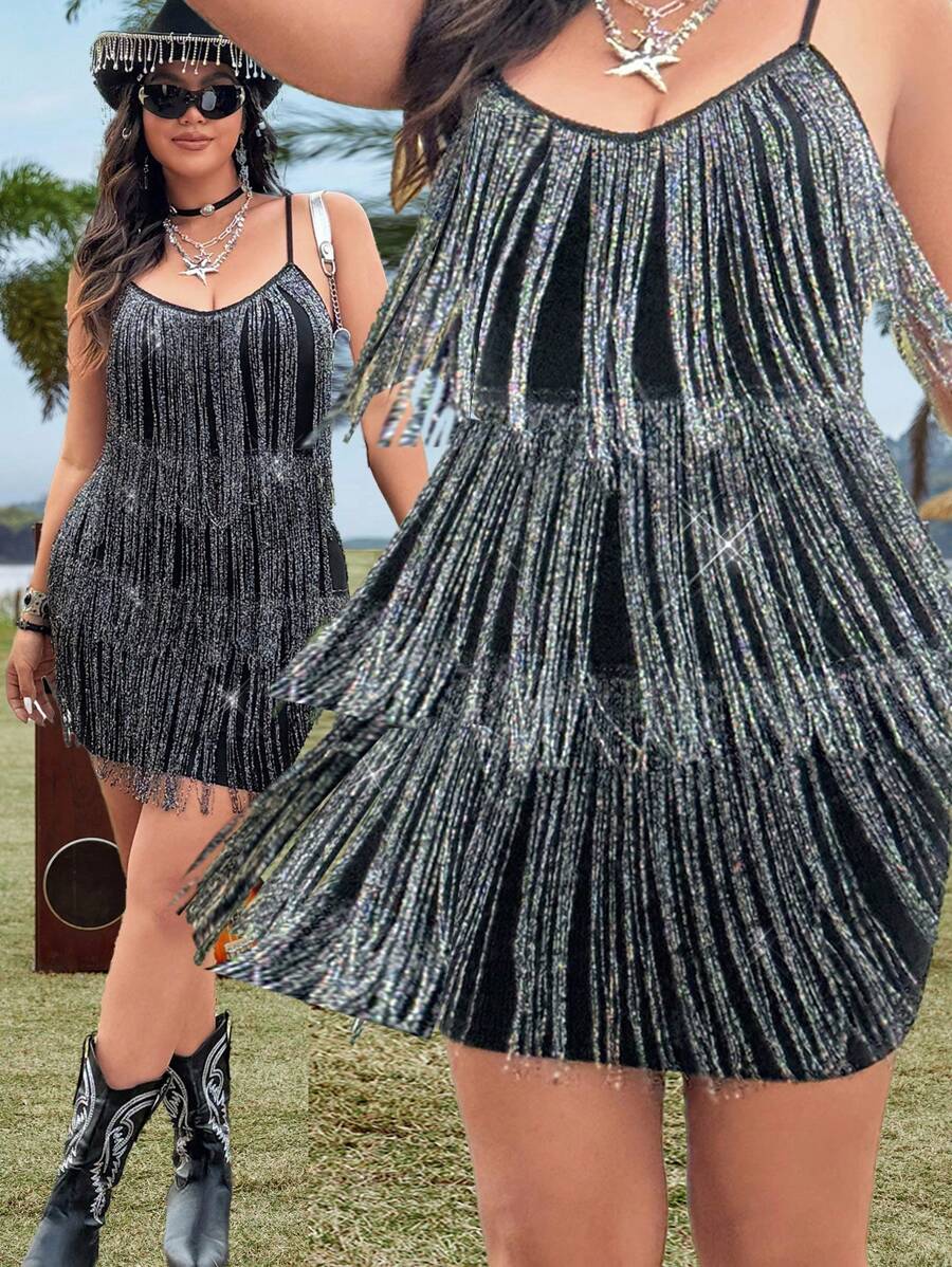 SHEIN MOOSTA Plus Size Fringe Dress, Music Festival, Boho, Hippie ...
