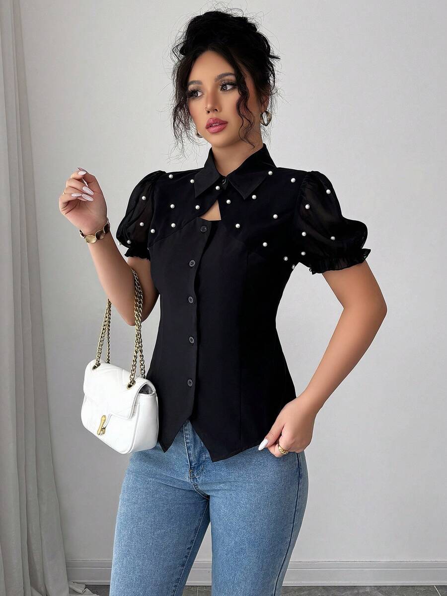 Elenzga Blusa feminina 2025 nova, elegante e requintada, com pérolas ...