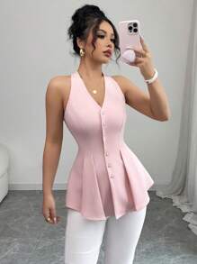 Elenzga Women's Casual V-Neck Sleeveless Button-Up Detailed Waist A-Line Blouse, Elegant ...