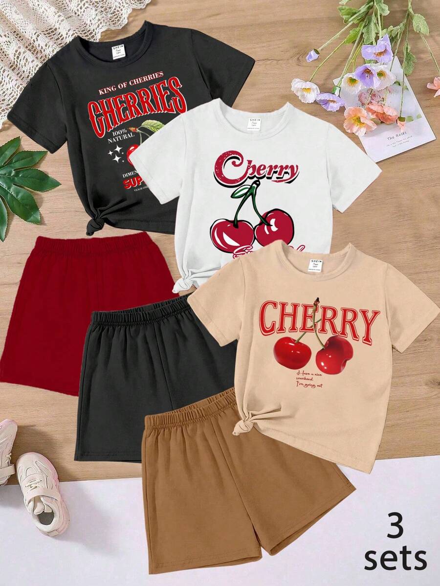 SHEIN Explorewe 2pcs/Set Tween Girls Casual Creative Cherry Graphic Letter Print Short Sleeve T ...