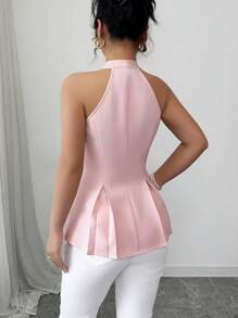 Elenzga Women's Casual V-Neck Sleeveless Button-Up Detailed Waist A-Line Blouse, Elegant ...