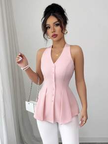 Elenzga Women's Casual V-Neck Sleeveless Button-Up Detailed Waist A-Line Blouse, Elegant ...