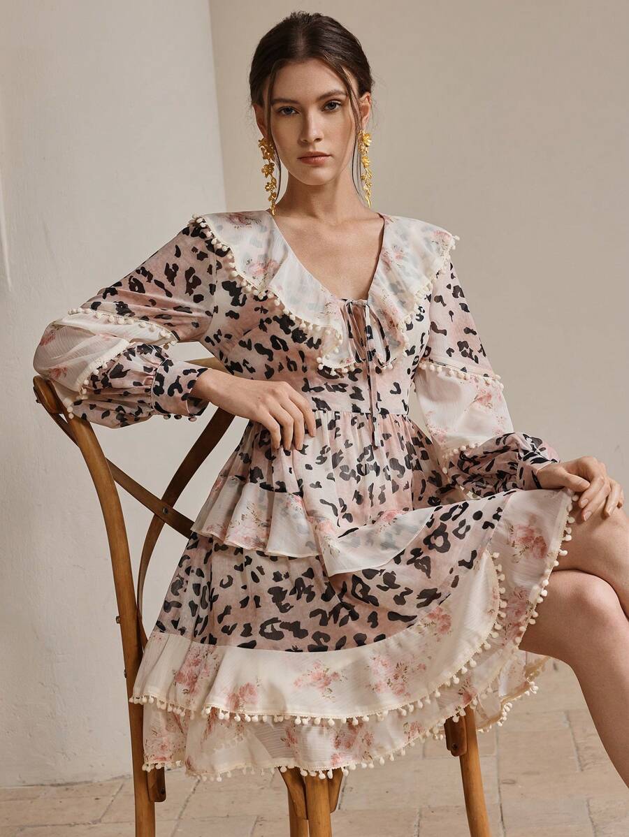 Anewsta Spring Elegant Women Patchwork Floral Print Ruffle Trim Long Sleeve Short Vacation Dress ...