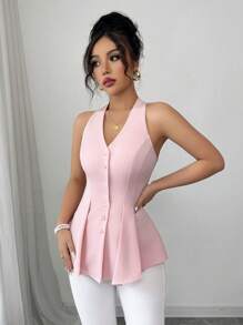 Elenzga Women's Casual V-Neck Sleeveless Button-Up Detailed Waist A-Line Blouse, Elegant ...