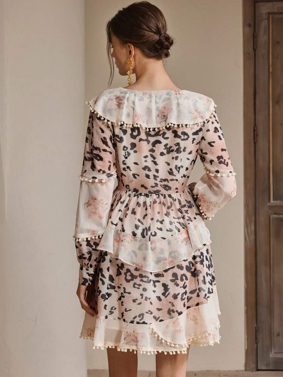 Anewsta Spring Elegant Women Patchwork Floral Print Ruffle Trim Long Sleeve Short Vacation Dress ...