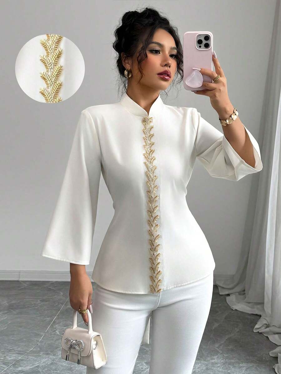 Calvaya Women Stand Collar 3/4 Flared Sleeve With Gold Tassel Splicing ...