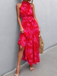 SHEIN Unity Polka Dot Print Ruffle Hem Belted Halter Dress Maxi Women ...