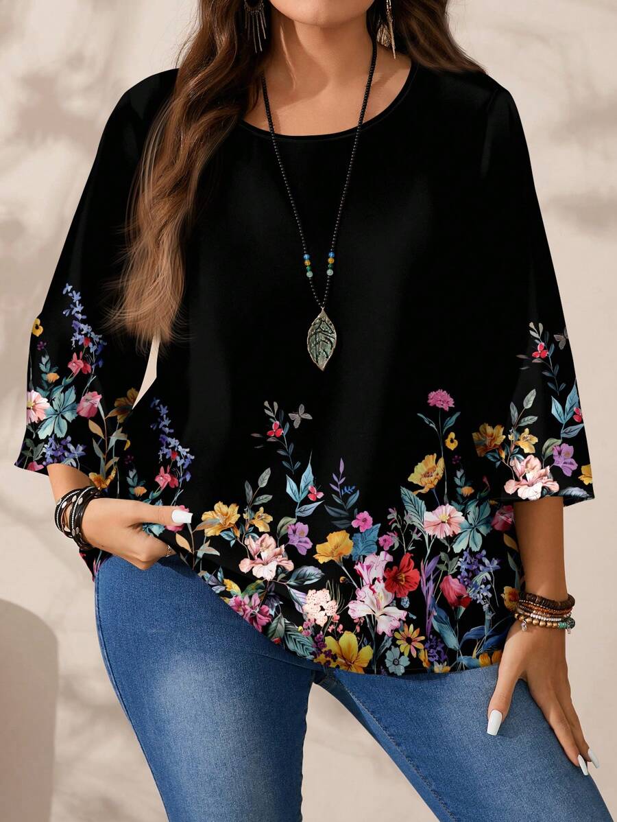 EMERY ROSE Plus Size Round Neck 3/4 Sleeve Ditsy Floral Dark Color ...