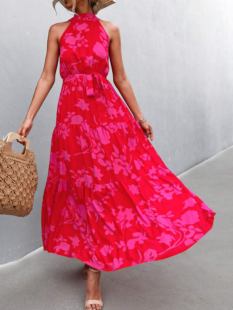 SHEIN Unity Polka Dot Print Ruffle Hem Belted Halter Dress Maxi Women ...