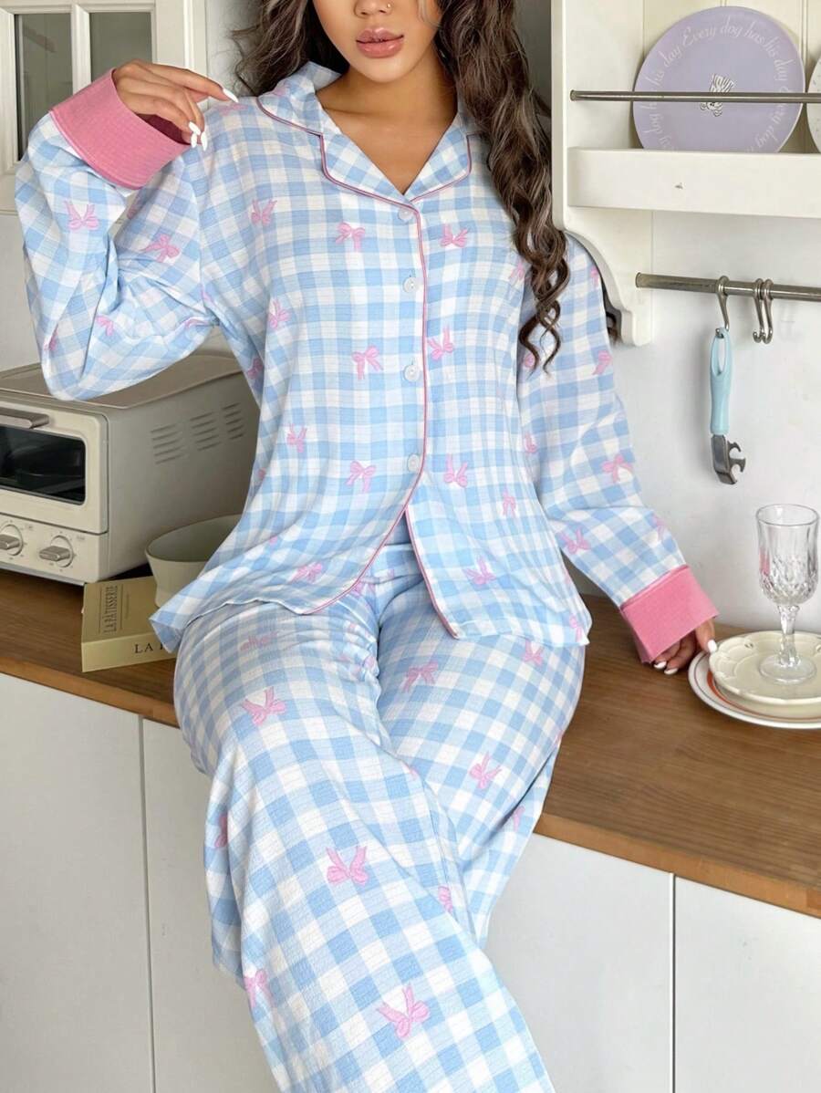 Women Plaid Bowknot Bubble Wrinkle Pajama Set Bowknot, Fall Winter ...
