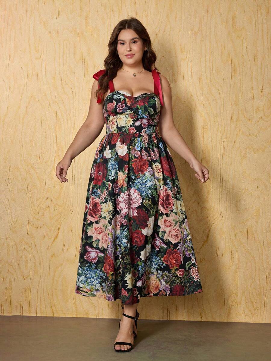 Shein Mod Plus Size Vintage Elegant Floral Print Tied V-neck Dress For 