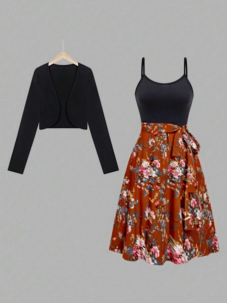 SHEIN Clasi Women 2pcs Set - Solid Color Long Sleeve Top & Floral Print ...