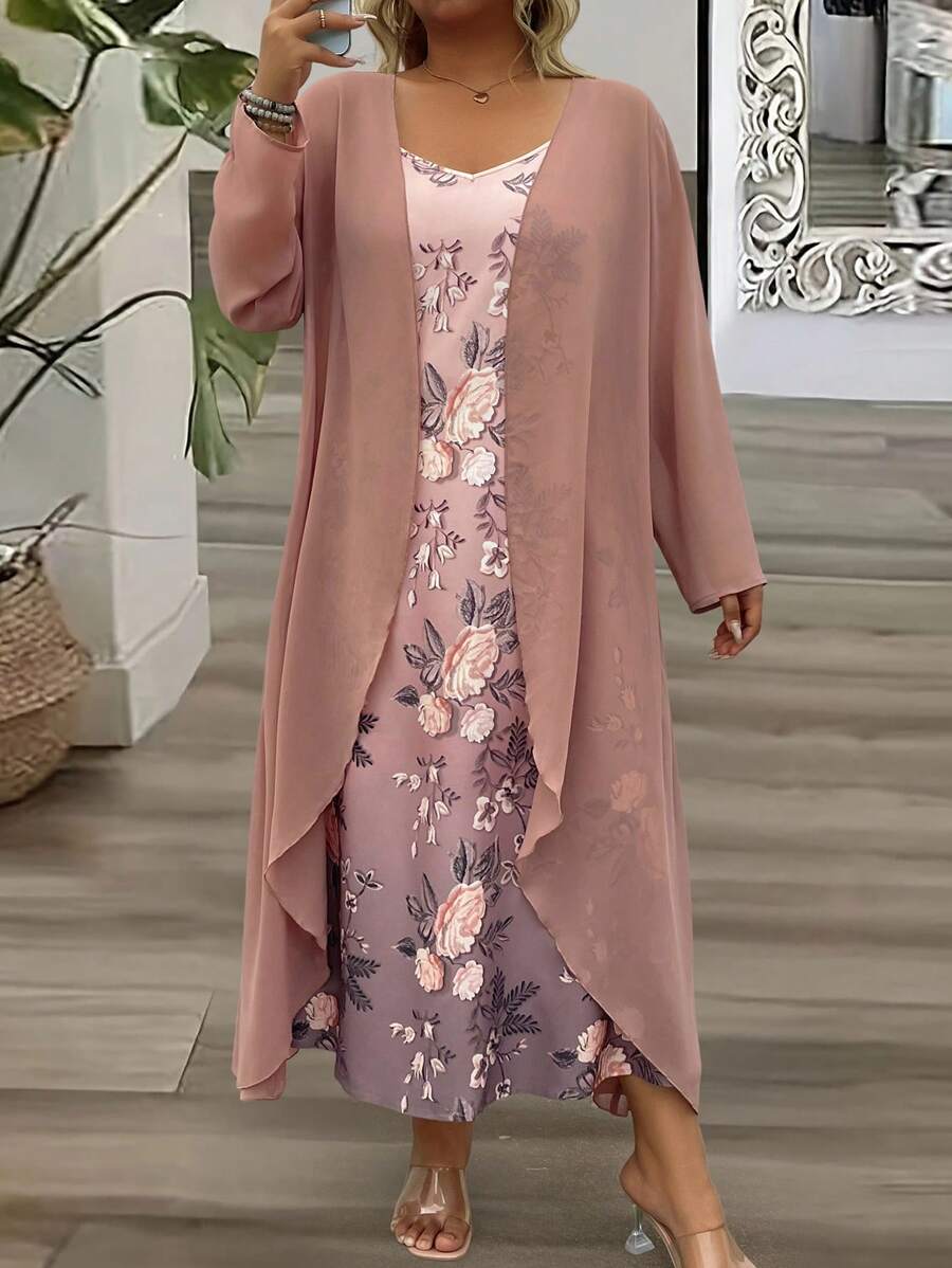 EMERY ROSE Plus Size Elegant Lace Chiffon 2 Pieces Dress Set, Spring ...