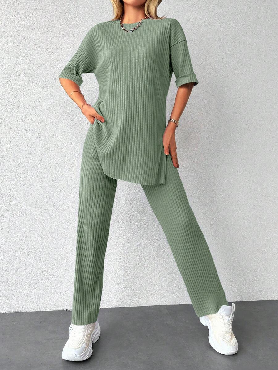 Women's Solid Ribbed Knit Two Piece Set | SHEIN USA