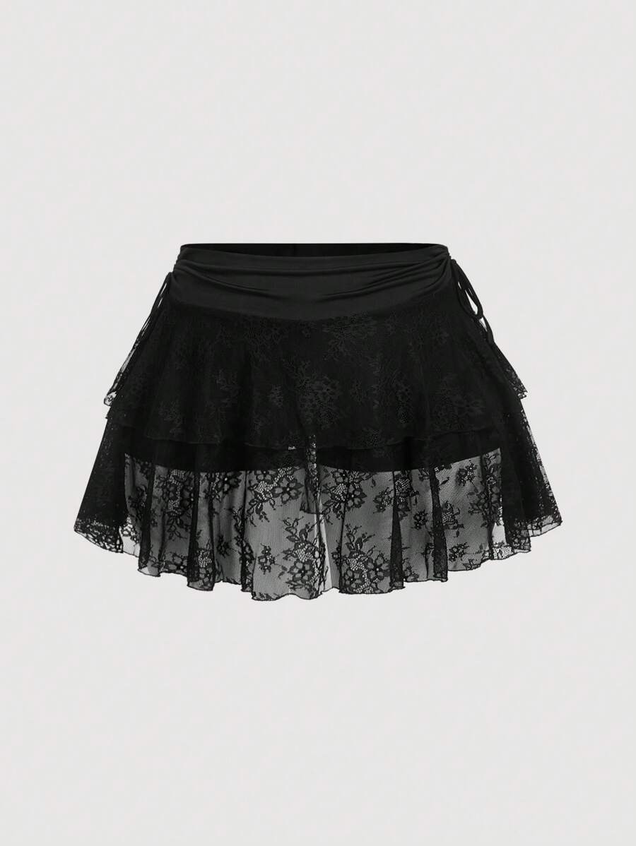SHEIN MOD Saia Curta Mini de Renda Preta com Cordão na Cintura para Mulheres Plus Size, Roupas ...