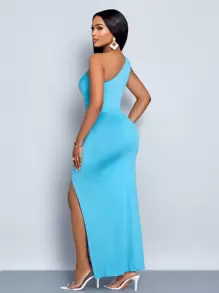 SOLERSUN "One Shoulder Solid Color Twist Knot Side Slit Wrap Dress ...