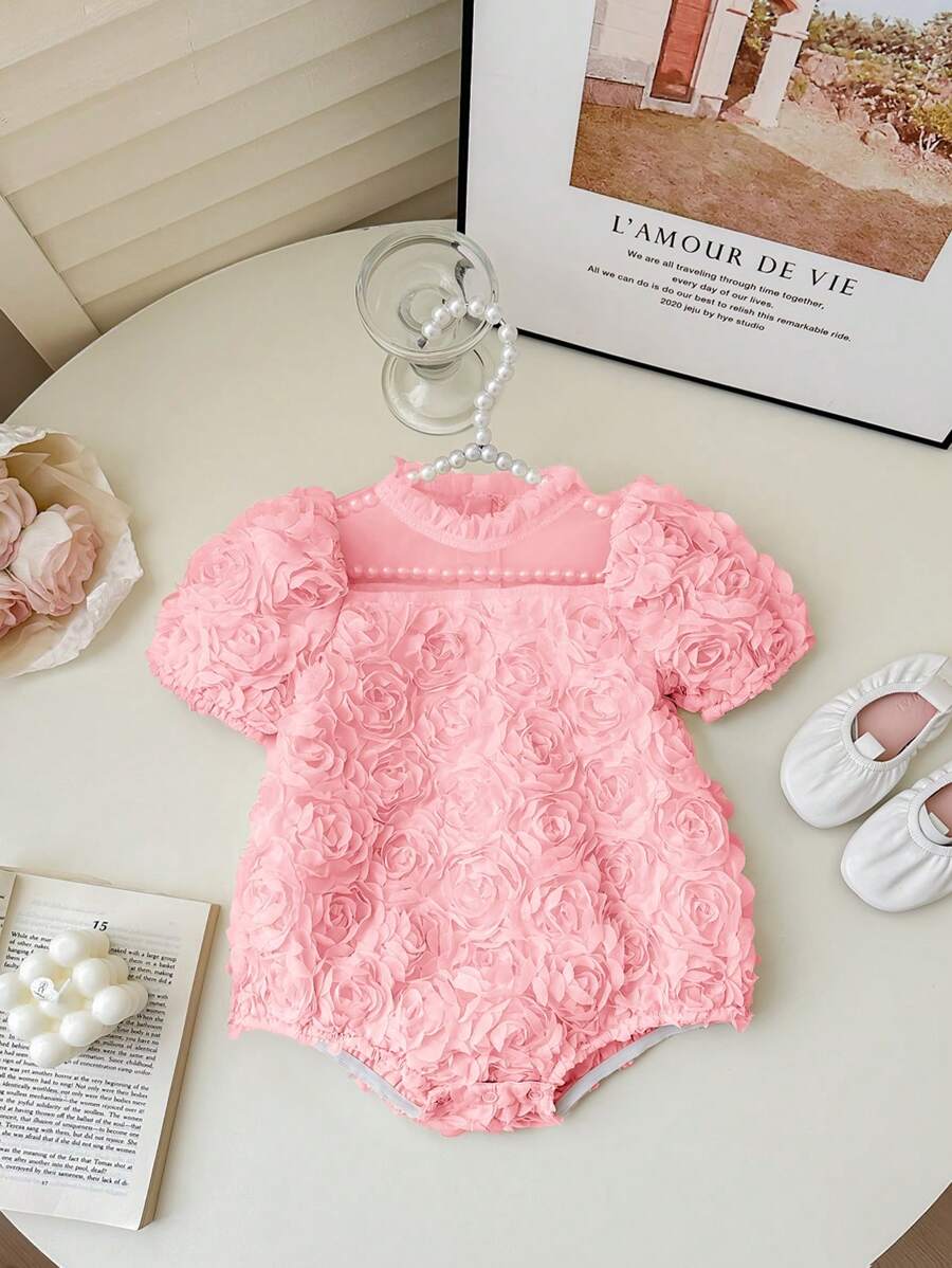 Newborn Baby Girl Cute Beige 3D Floral Mesh Short Sleeve Romper With ...