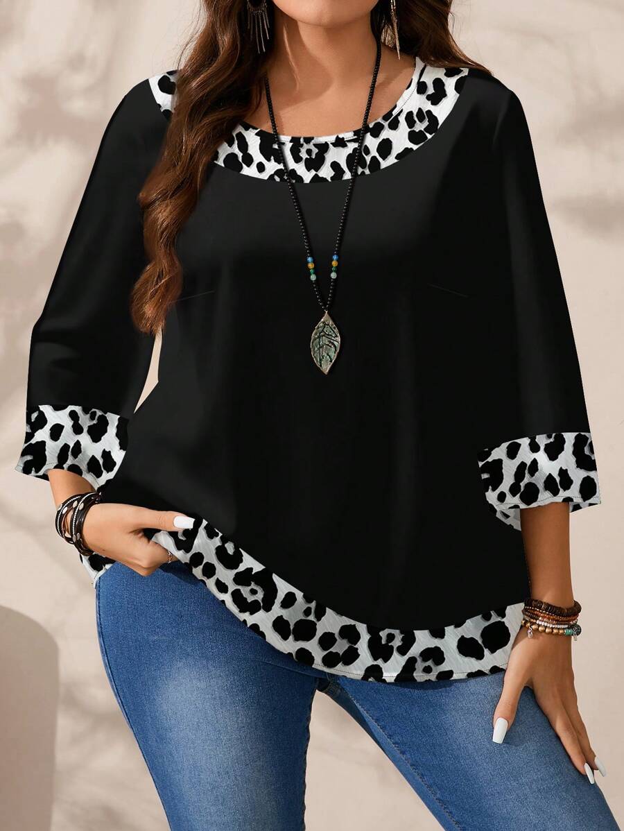 EMERY ROSE Plus Size Women's Casual Allover Print Round Neck Loose 3/4 ...