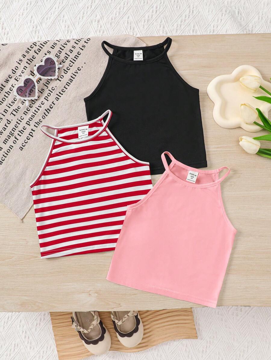 3pcs Young Girl Plain Knit Sleeveless Tank Top & Striped Knit Cute ...