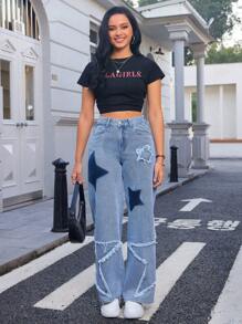 SHEIN Essnce Fashionable Star Printed Mid-Waisted Women's Straight Wide ...