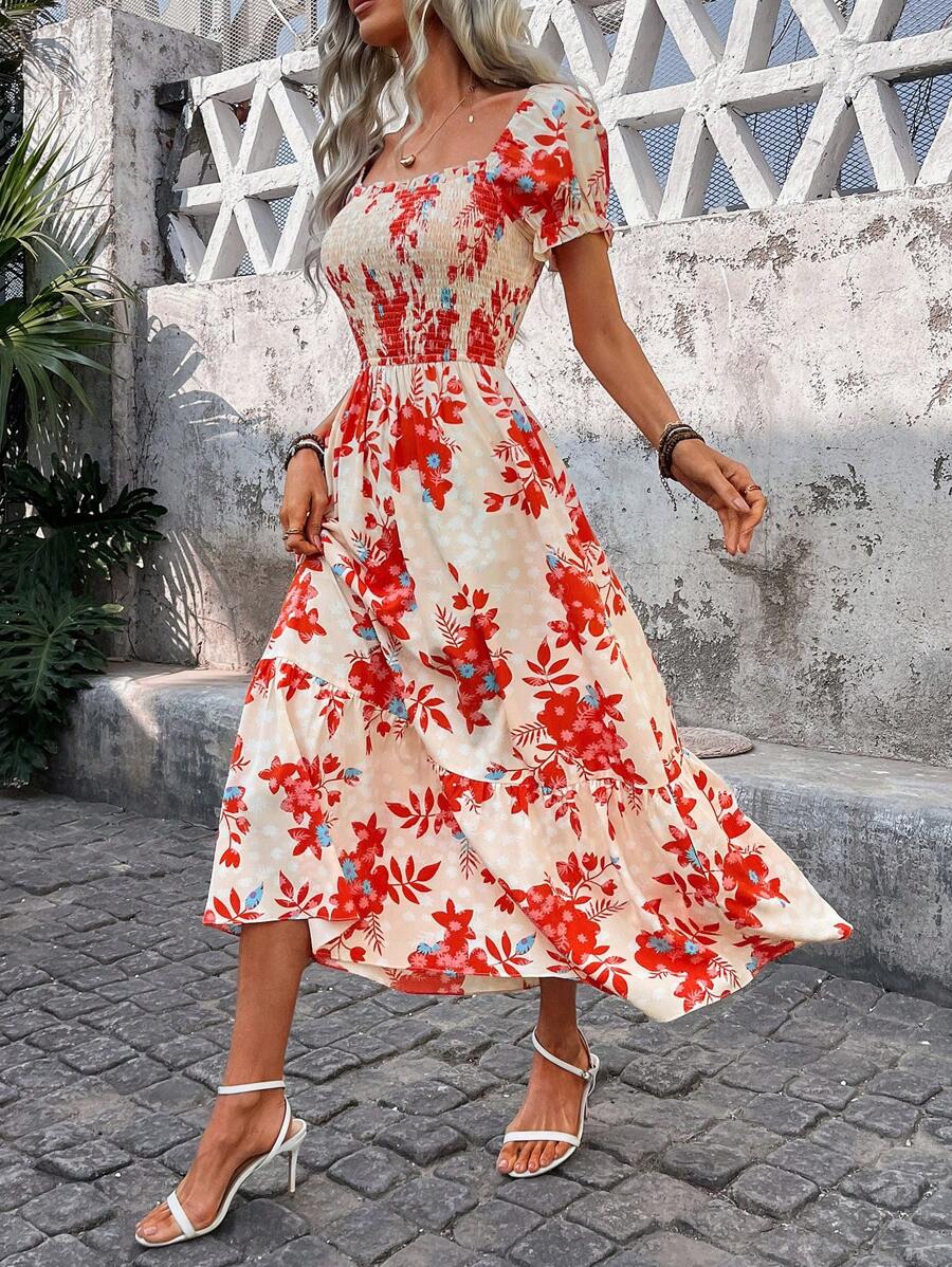 SHEIN LUNE Dames 2025 Zomer Boho Bloemenprint Vierkante Hals Ruffle ...