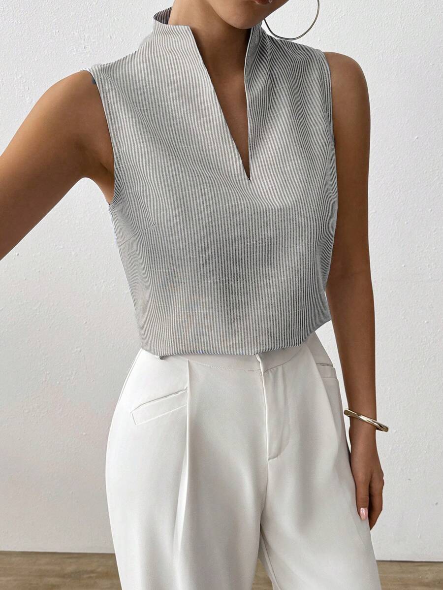Gloray Women's Sleeveless Elegant Commuting Casual Linen Striped Blouse, Spring/Summer | SHEIN USA