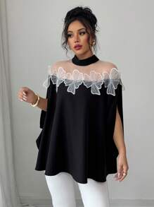 Elenzga Women's Casual Fashion Lace & Mesh Splice Open Slit Sleeve Small Stand Collar Blouse ...