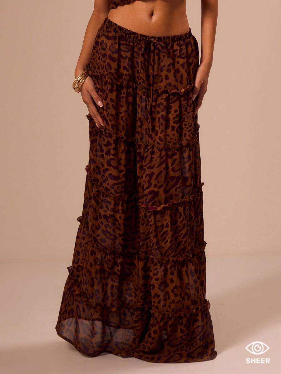 MUSERA Leopard Print Chiffon Shirred Soft Long Skirt Ibiza Fits Summer ...