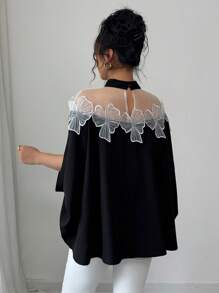 Elenzga Women's Casual Fashion Lace & Mesh Splice Open Slit Sleeve Small Stand Collar Blouse ...