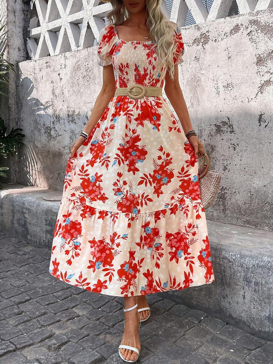 SHEIN LUNE Dames 2025 Zomer Boho Bloemenprint Vierkante Hals Ruffle ...