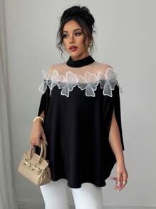 Elenzga Women's Casual Fashion Lace & Mesh Splice Open Slit Sleeve Small Stand Collar Blouse ...