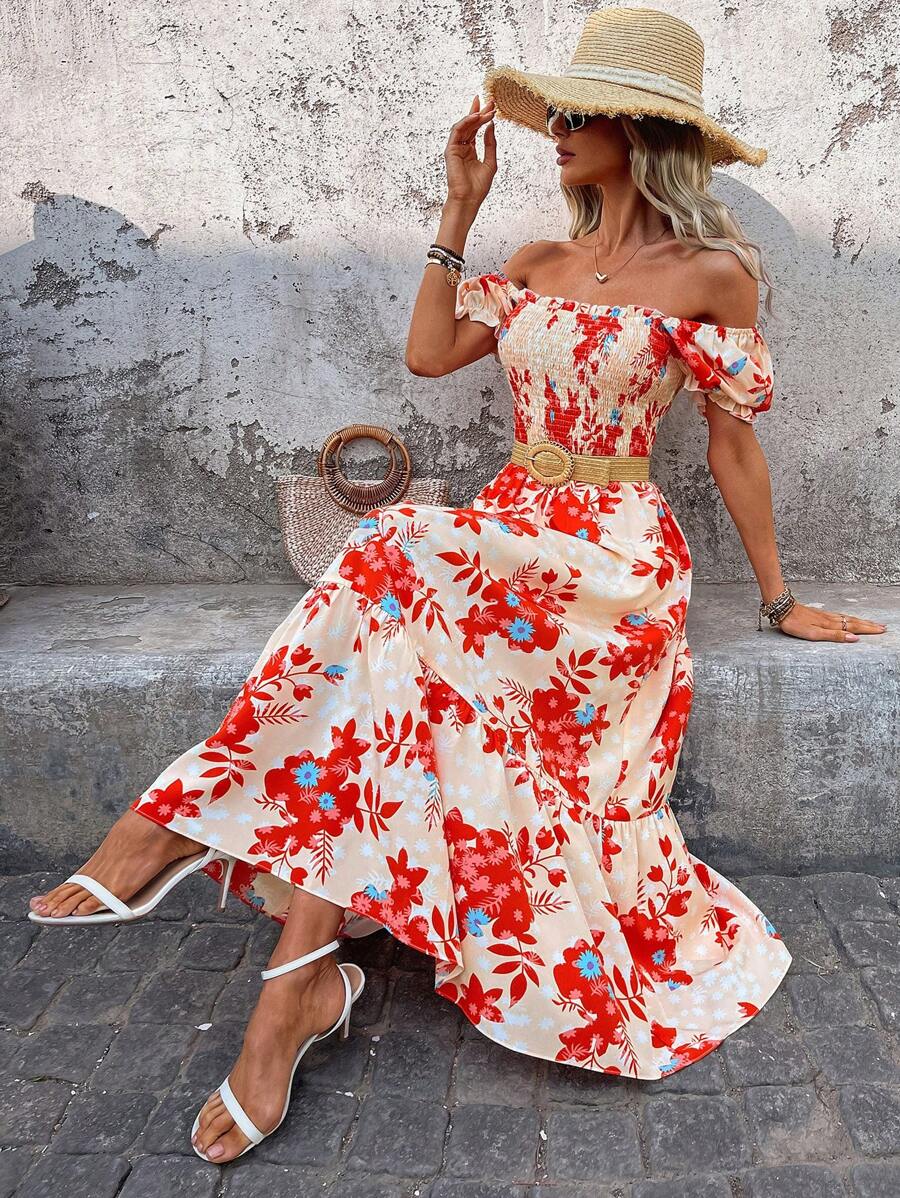 SHEIN LUNE Dames 2025 Zomer Boho Bloemenprint Vierkante Hals Ruffle Swing Strand Lange Maxi Jurk ...