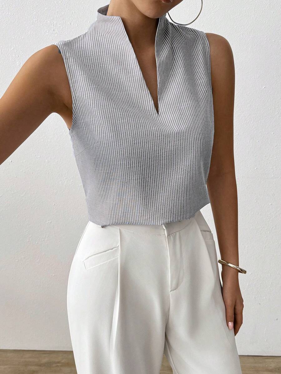 Gloray Women's Elegant Striped Linen Fabric Sleeveless Casual Office Shirt, Spring/Summer ...