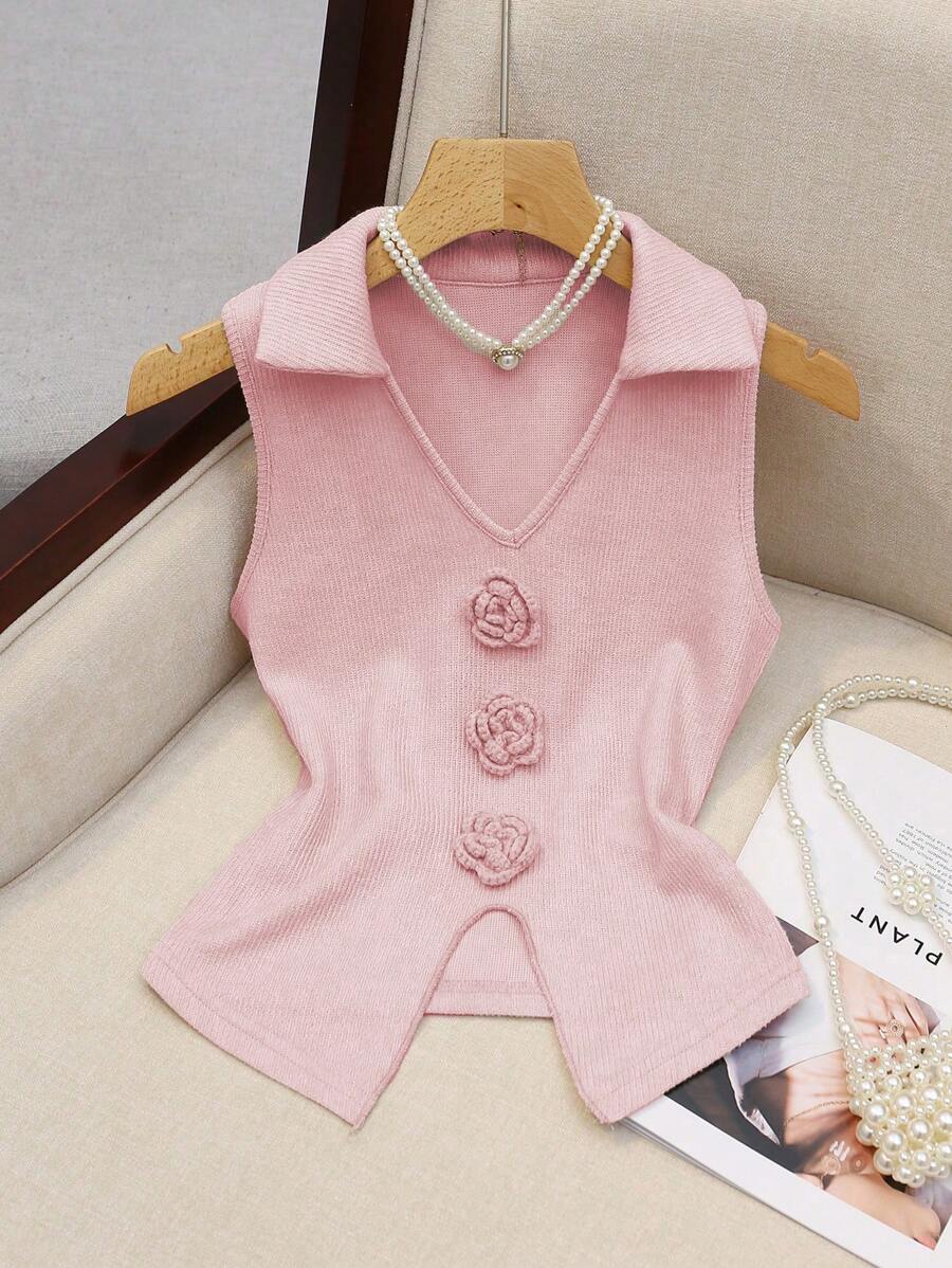 Chiquease Women's Elegant Solid Color 3D Floral Decor Split-Back Tank ...