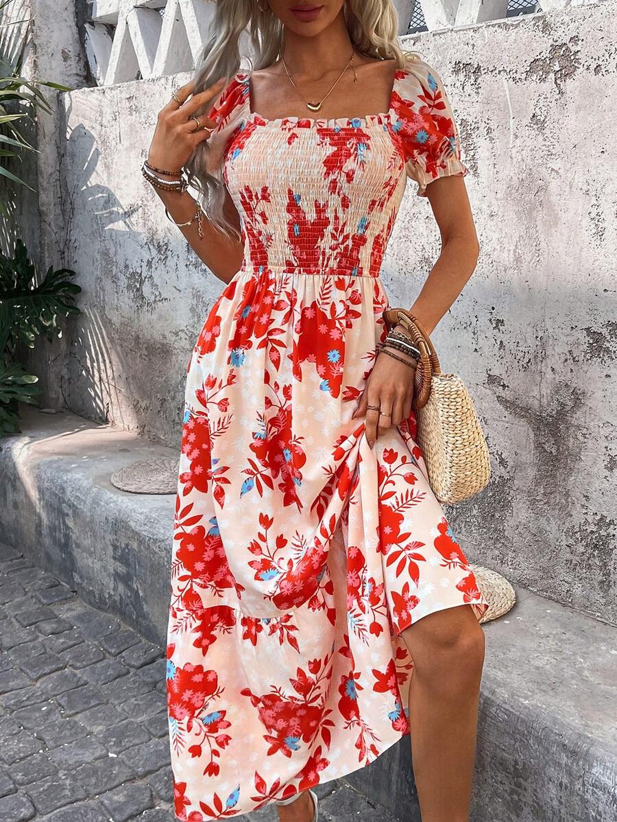 SHEIN LUNE Dames 2025 Zomer Boho Bloemenprint Vierkante Hals Ruffle ...