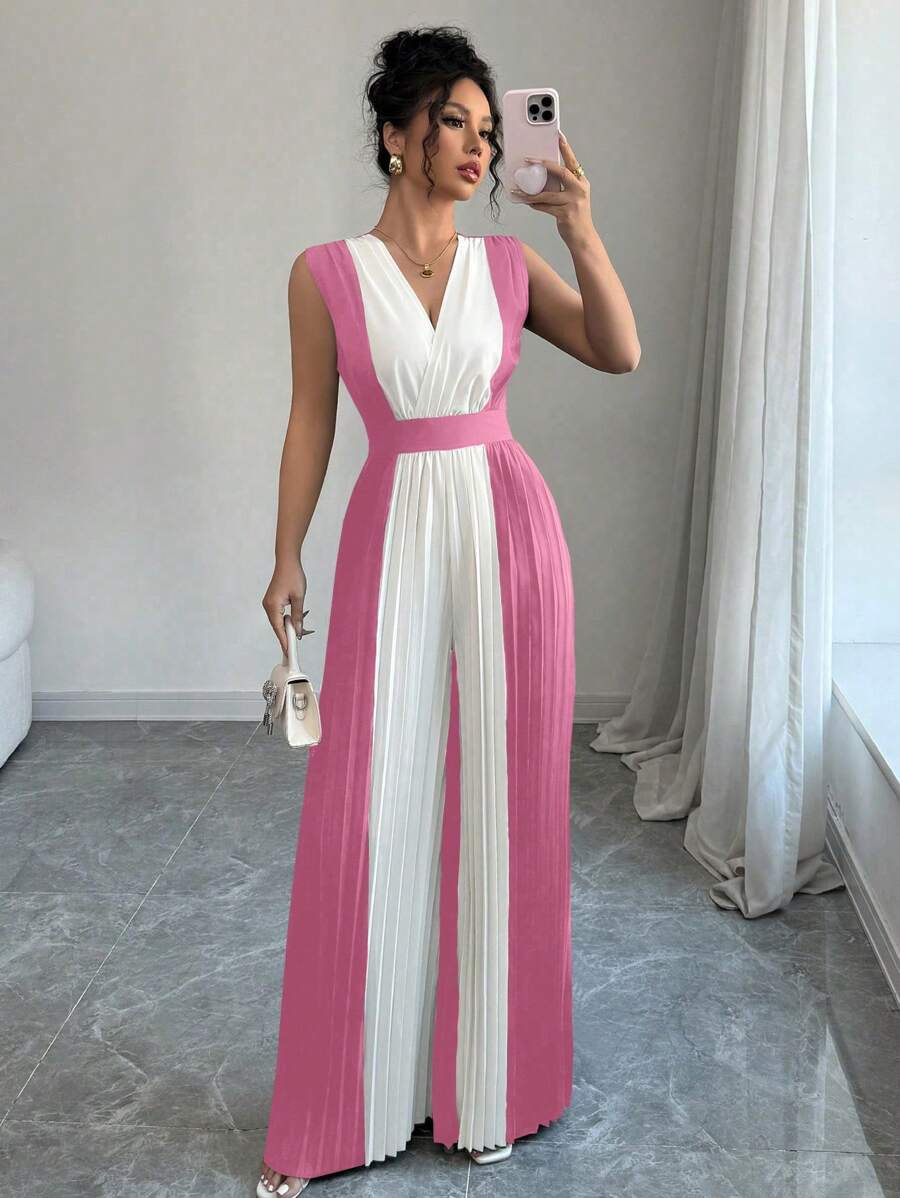 Elenzga Women's Ruched V-Neck Cinched Waist Wide Leg Jumpsuit, Elegant For Casual, Commute ...